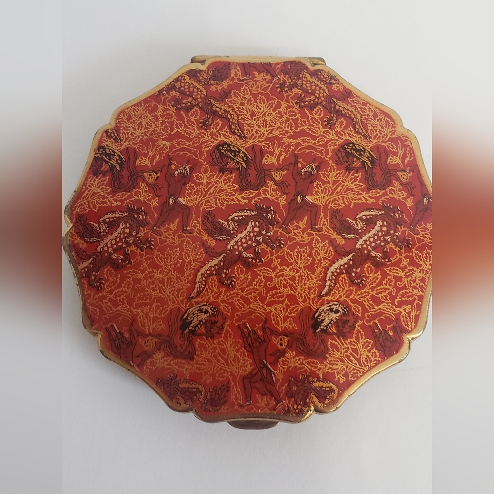 Vintage 1950's Stratton Red Enamel Dragons Gold Round… - Gem